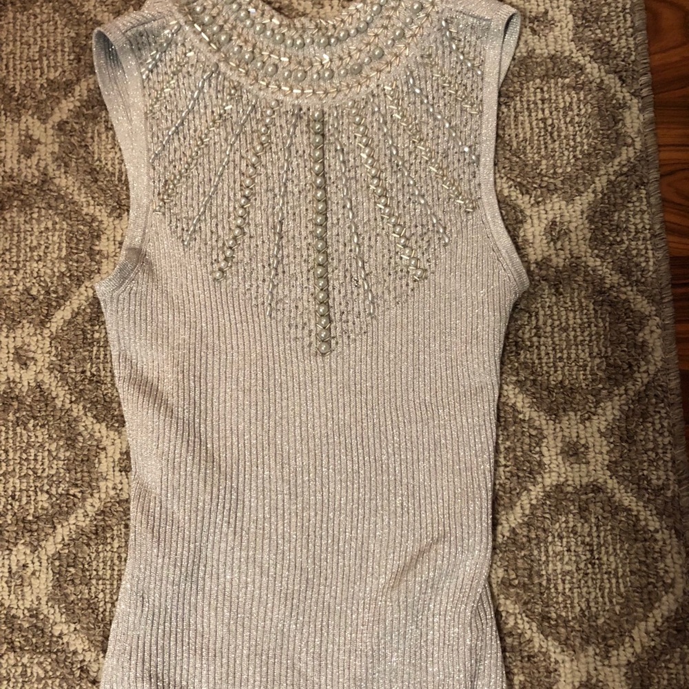Cache Grey Pearl Embellished Mockneck - Gem